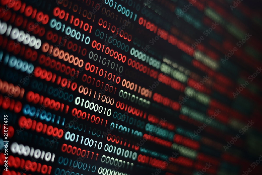 Computer virus infection. Row of binary codes randomly colored red and ...