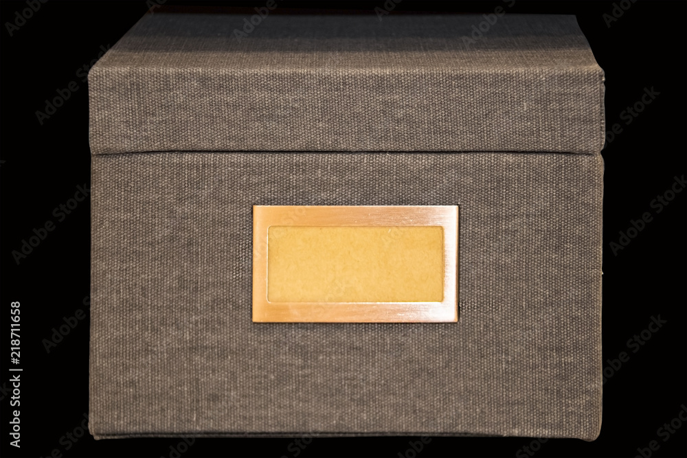 Retro Brown file-storage box covered with tweed fabric with blank label ...