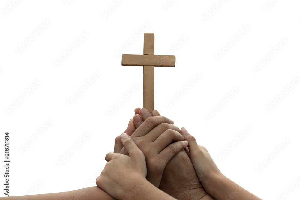 human hands praying to the GOD while holding a crucifix symbol with ...