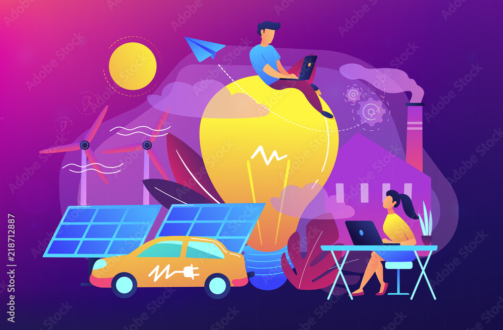 People Around Huge Lamp Analyzing Power Data Renewable Energy Power Saving Smart Grid Energy