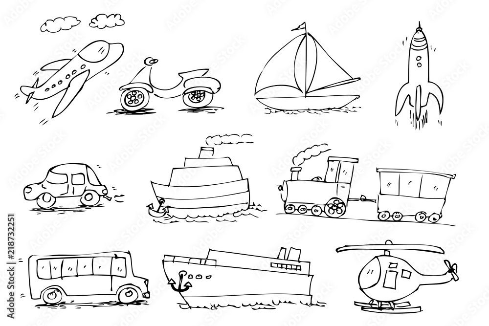 simple outline sketch of various transportation, at white background ...