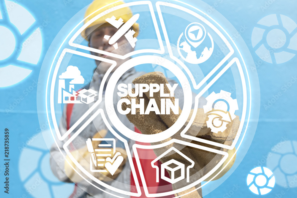 Industry engineer clicks a supply chain text button on a virtual panel ...