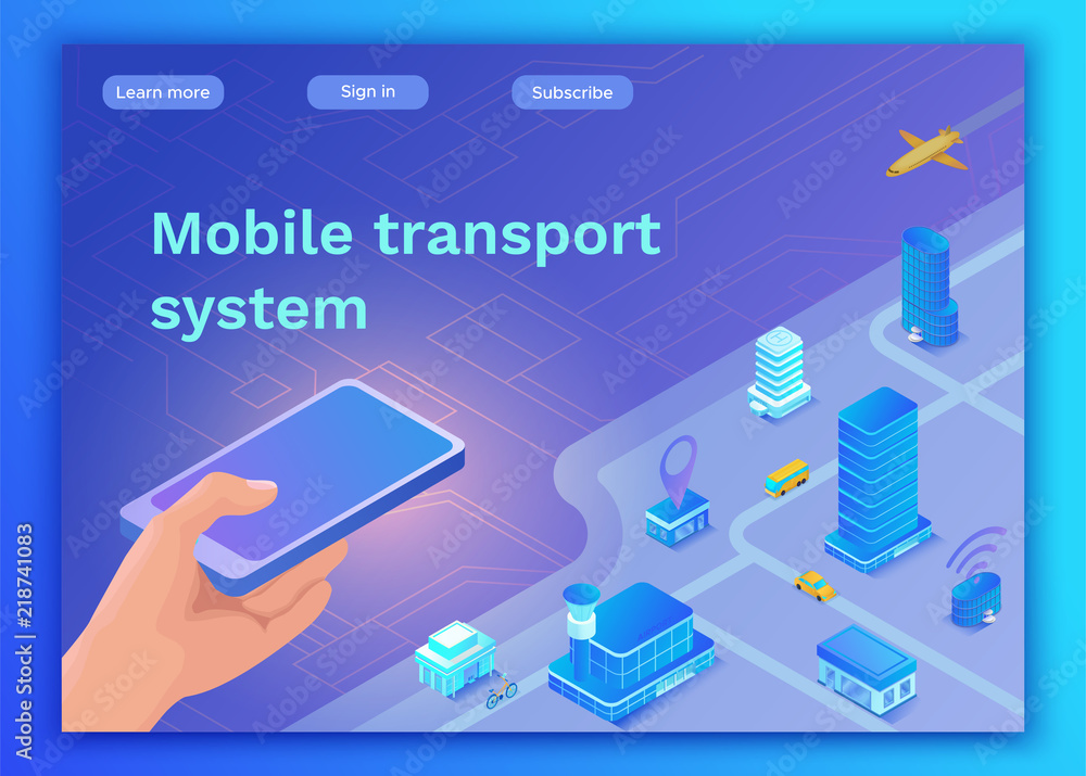 Mobile transportation online service landing page template, travel ...