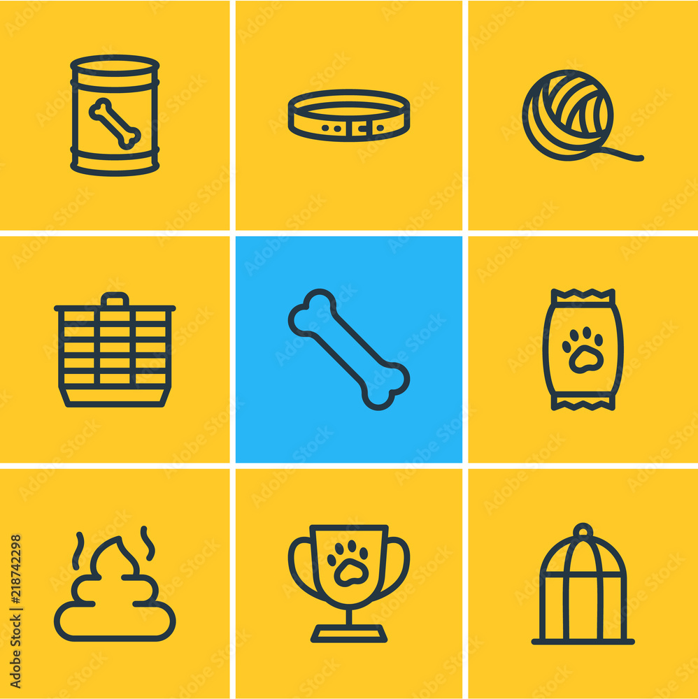 Vector illustration of 9 pet icons line style. Editable set of birdcage ...