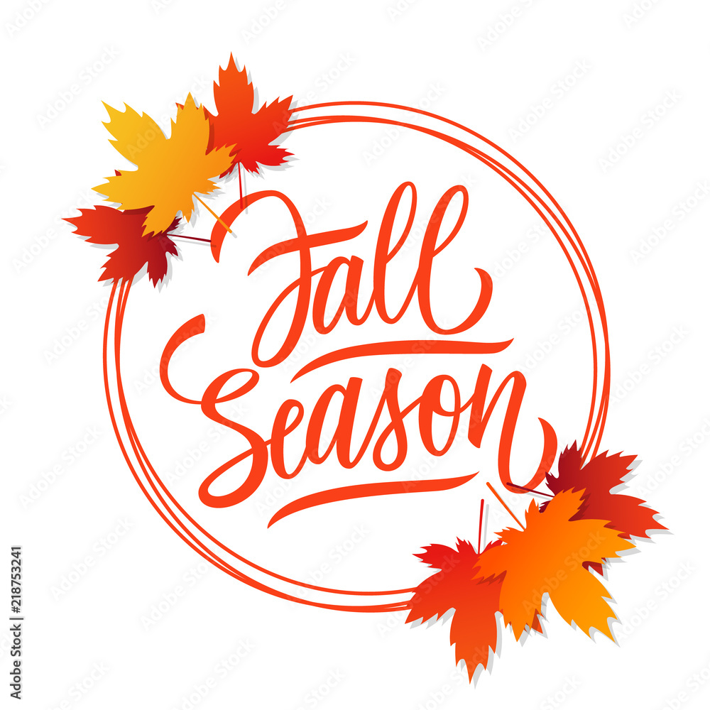 Fall Season card design with bright autumn leaves, circles and hand ...