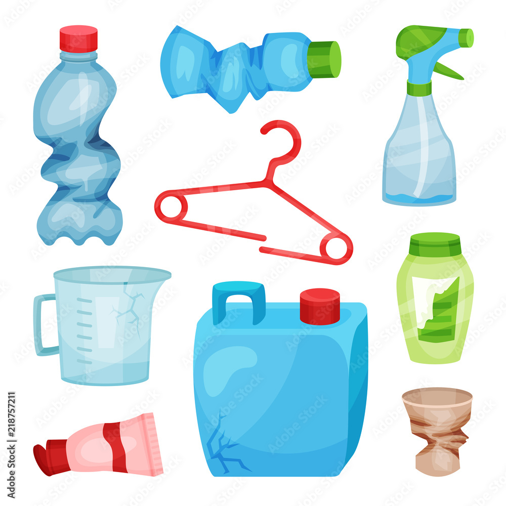 Flat vector set of plastic waste. Crumpled bottles and cup, broken ...