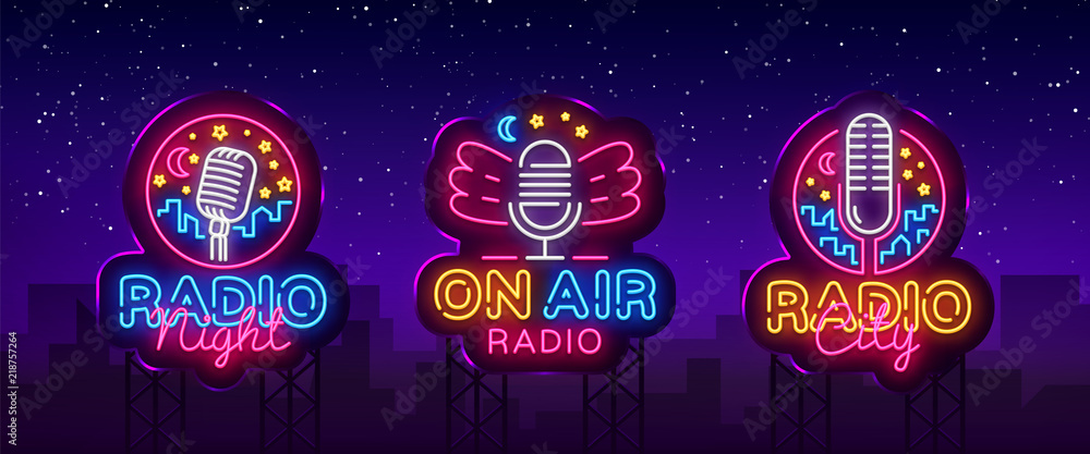 Radio Neon Sign collection Vector. Radio Night neon logos, design ...