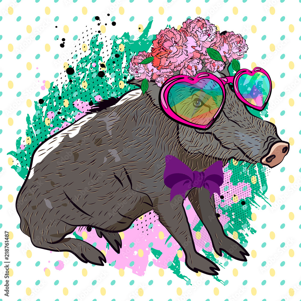 Romantic image of wild boar. Funny boar. Retro print for t-shirt. Stock ...