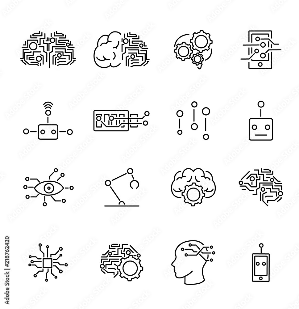 Artificial intelligence robotics outline icons collection with abstract ...
