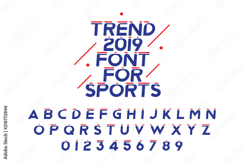 Original italic font alphabet letters for sports, red and blue colour ...