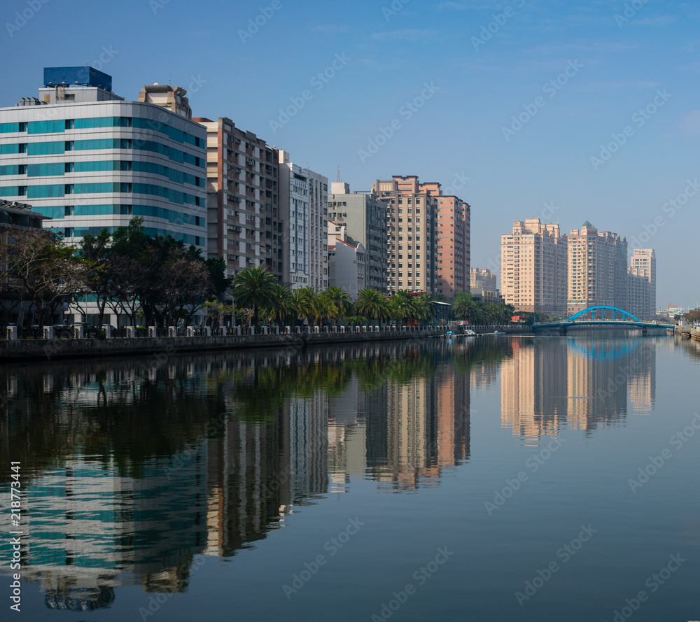 Tainan Anping canal river view with buildings water reflection and ...