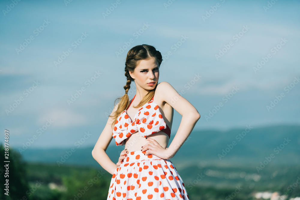 Model concept. Fashion model poses on natural landscape. Catalogue ...