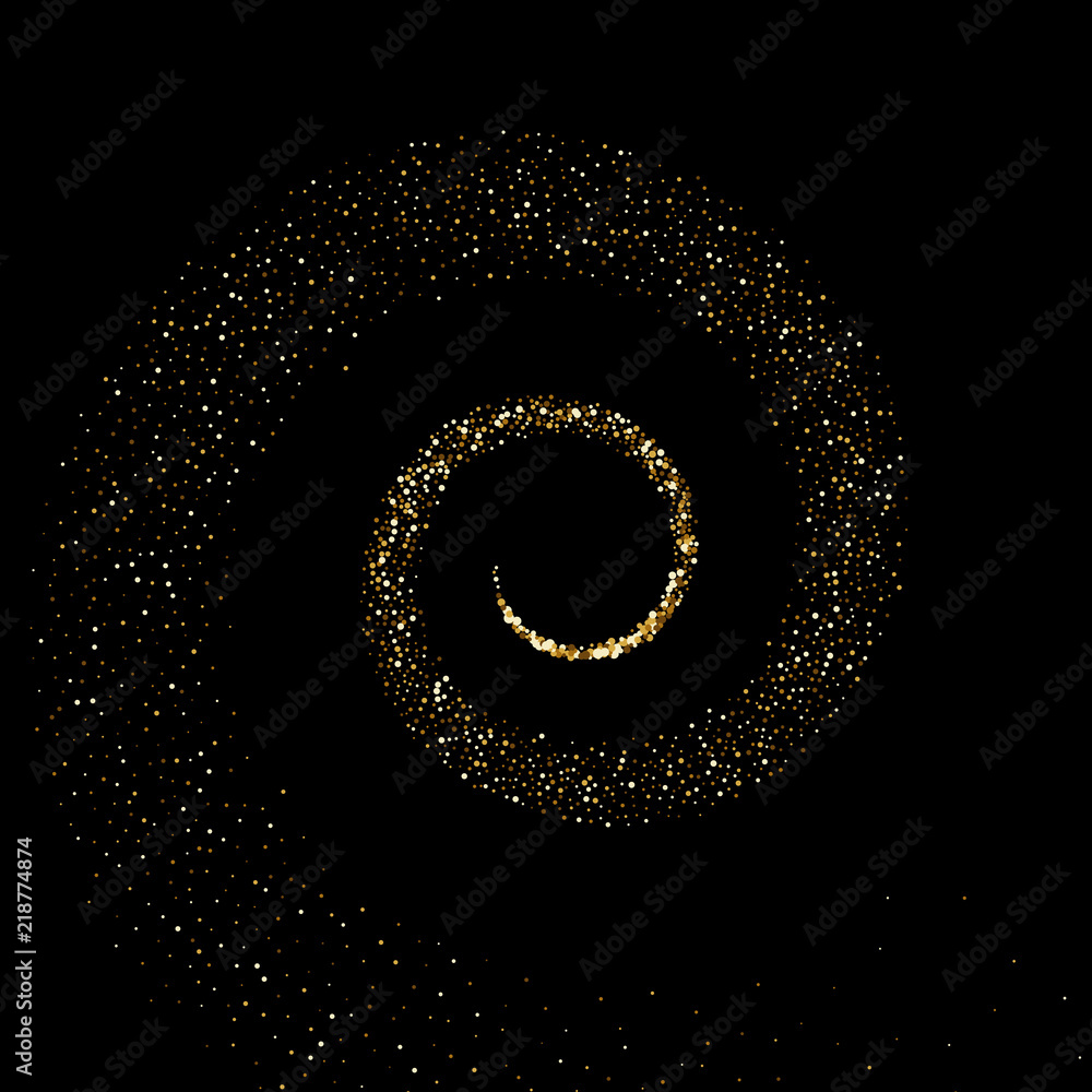 Golden spiral particles or gold sparkling twirl circle of sparkling glare flares. Vector ...