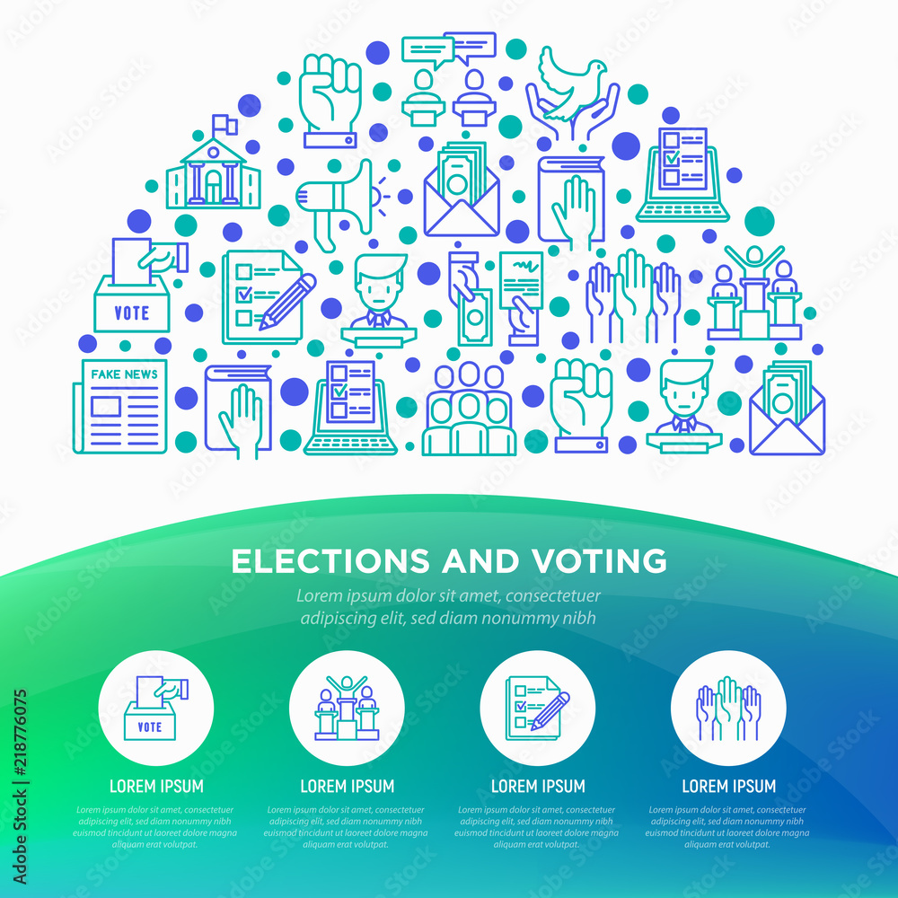 Election and voting concept in half circle with thin line icons: voters ...