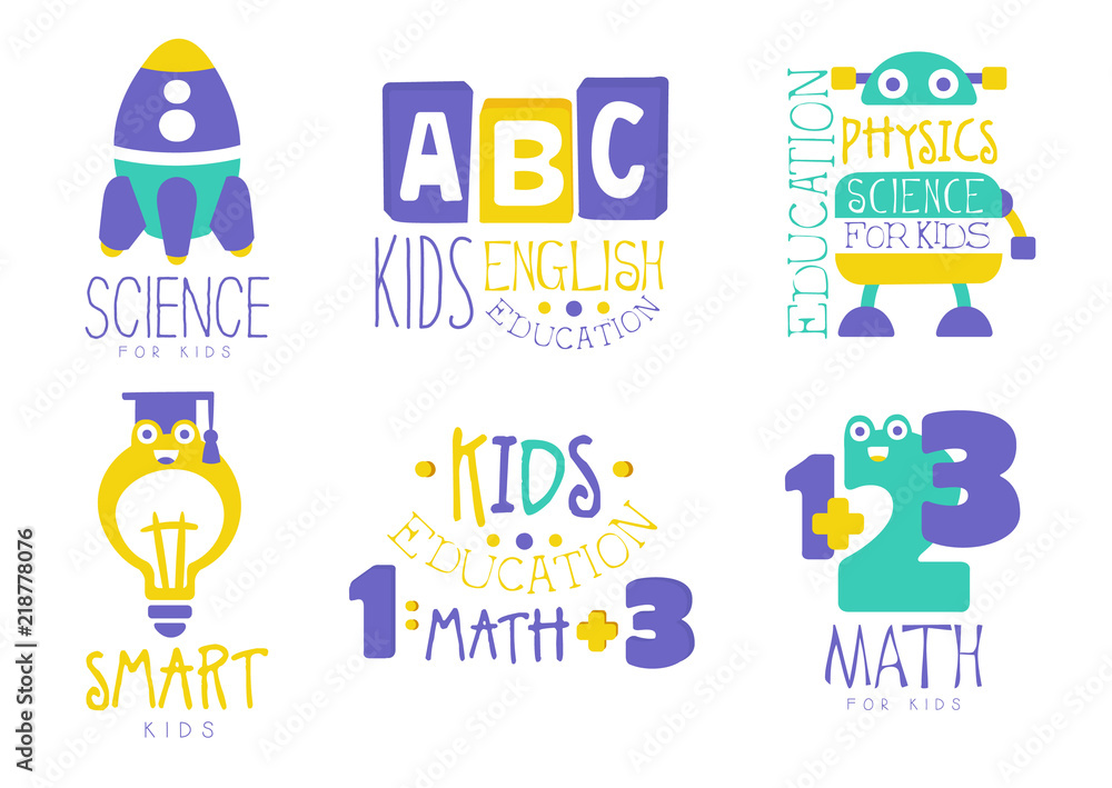 Science for kids logo set, english, physics, math colorful creative ...