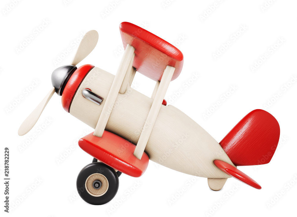 Wooden toy airplane slide view. 3D render illustration isolated on ...