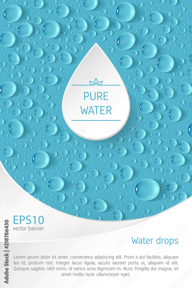 A rectangular vector banner with transparent realistic drops in the ...