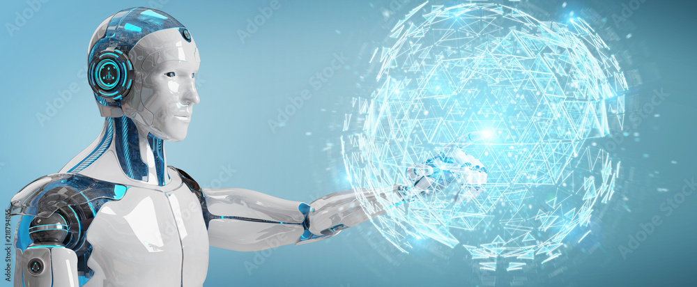 White robot using digital triangle exploding sphere hologram 3D rendering Stock-Illustration ...