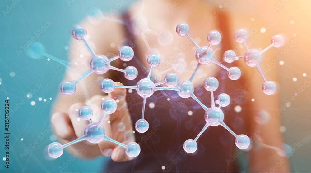 Businesswoman using modern molecule structure 3D rendering Stock Photo ...