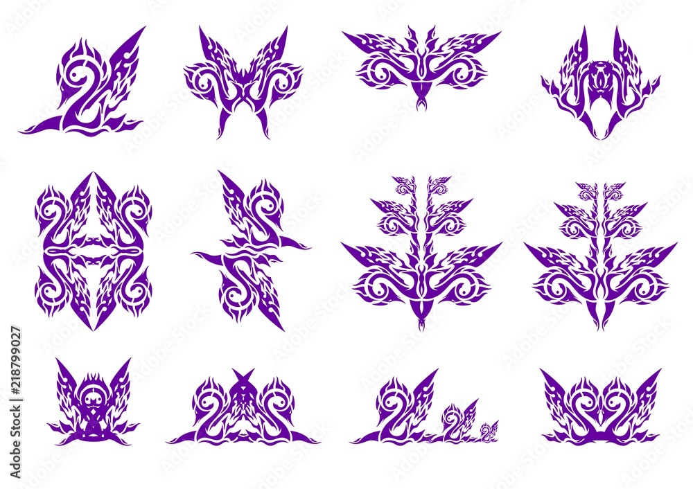 Wavy swan symbols. Stylization of a swan with a wave and the opened ...