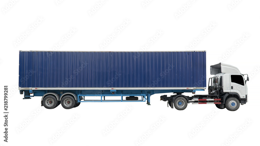 Cargo container and trailer truck isolated on white background. This ...