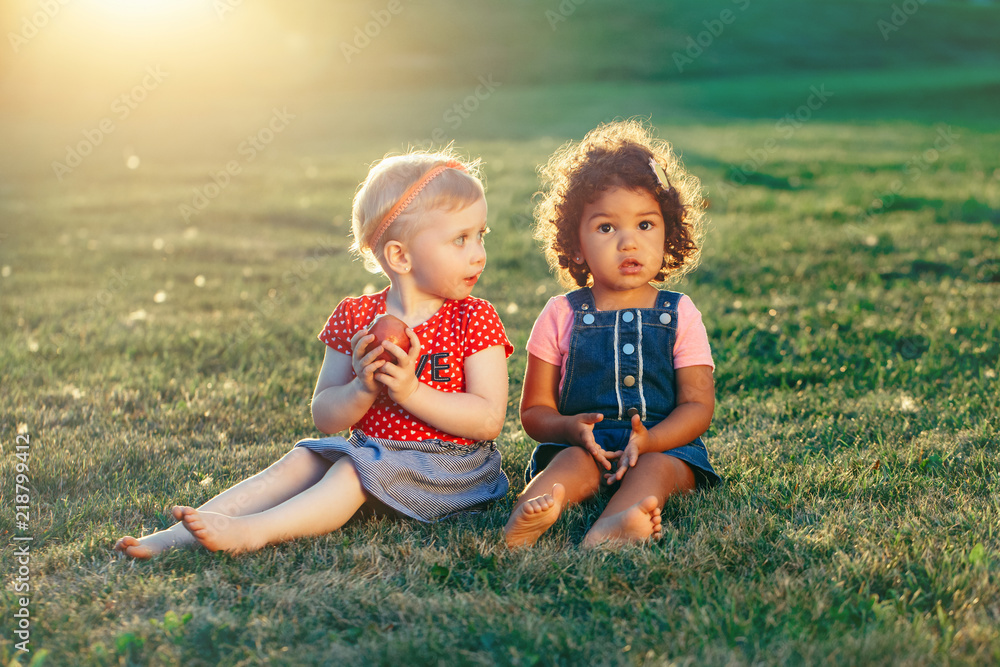 Group portrait of white Caucasian and latin hispanic girls children ...