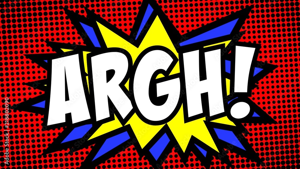 A comic strip cartoon, with the word Argh appearing. Green and halftone ...