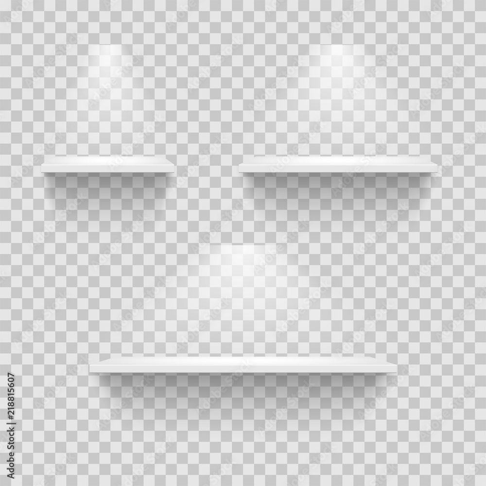 Set of empty white shelves isolated on transparent background. Vector ...
