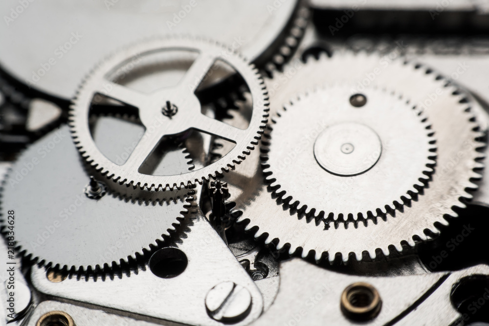 Mechanical watch / Gear Clock. Close up cogs and gears inside clock ...