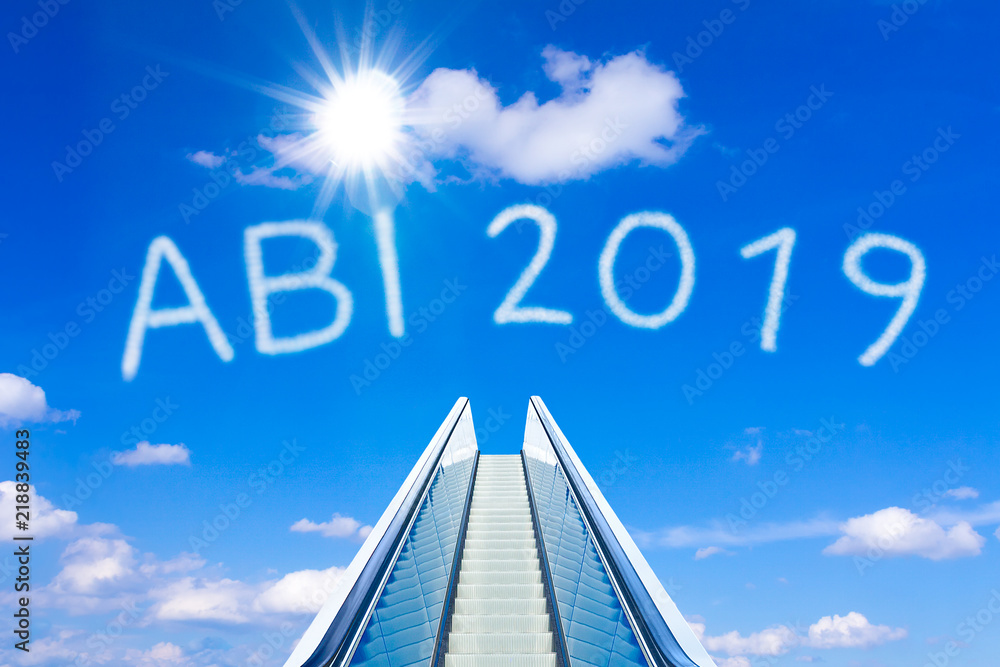Escalator into a blue sky, concept of achievement, ABI 2019 text ...