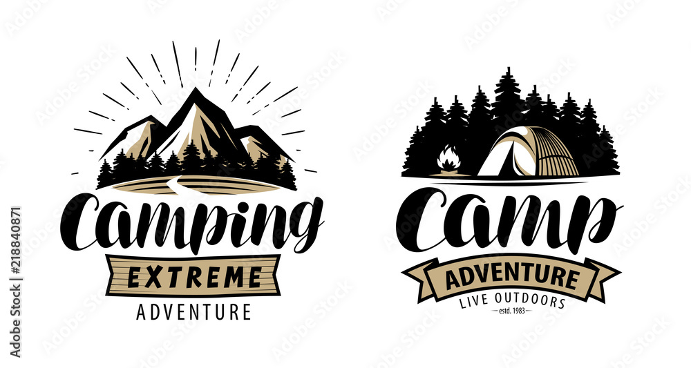 Camping, camp logo or label. Outdoor recreation, hiking concept ...