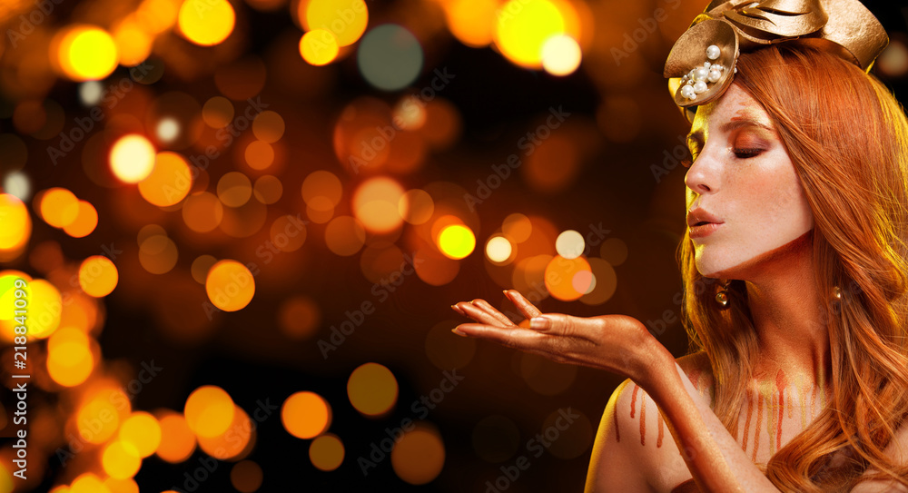 Beauty Fashion model girl with Golden Makeup, Gold skin make up, hair ...