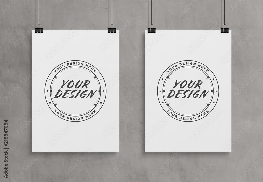 2 Vertical Hanging Posters Isolated on Wall Mockup Stock Template ...