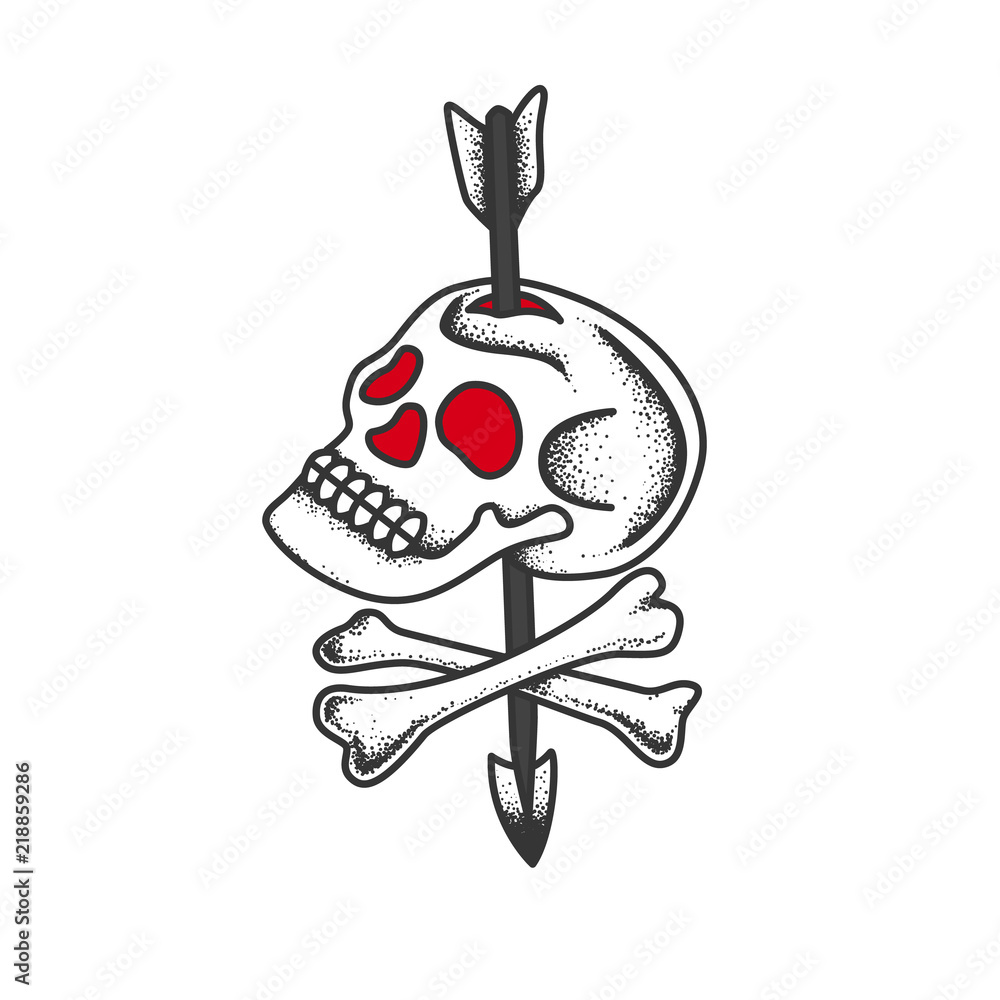 Skull and bones pierced by an arrow in a traditional tattoo style Stock ...