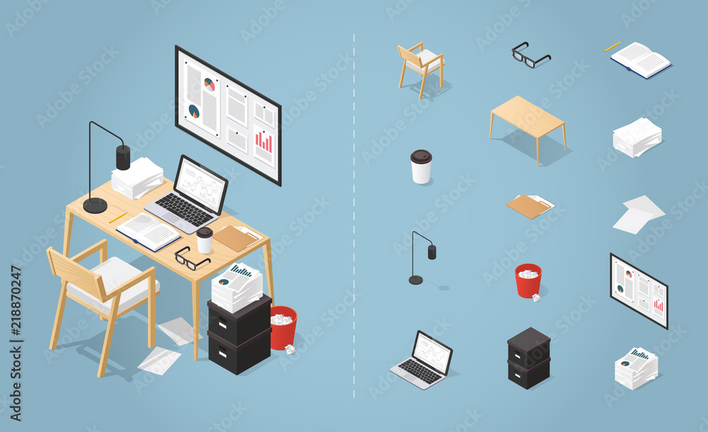 Isometric Office Desk Set Stock Vector | Adobe Stock