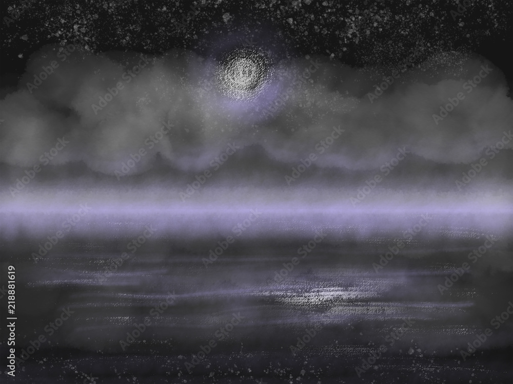 Colorful hand drawn night lake with moon on the dark blue background ...