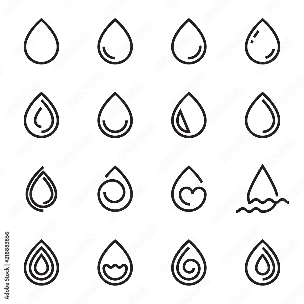 Drop icons. Collection of linear droplet symbols isolated on a white ...