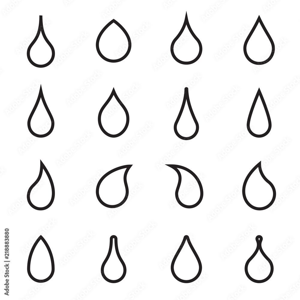 Drop shapes. Collection of linear droplet symbols isolated on a white ...