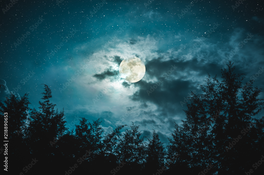 Beautiful night sky with many stars and full moon. Serenity background ...