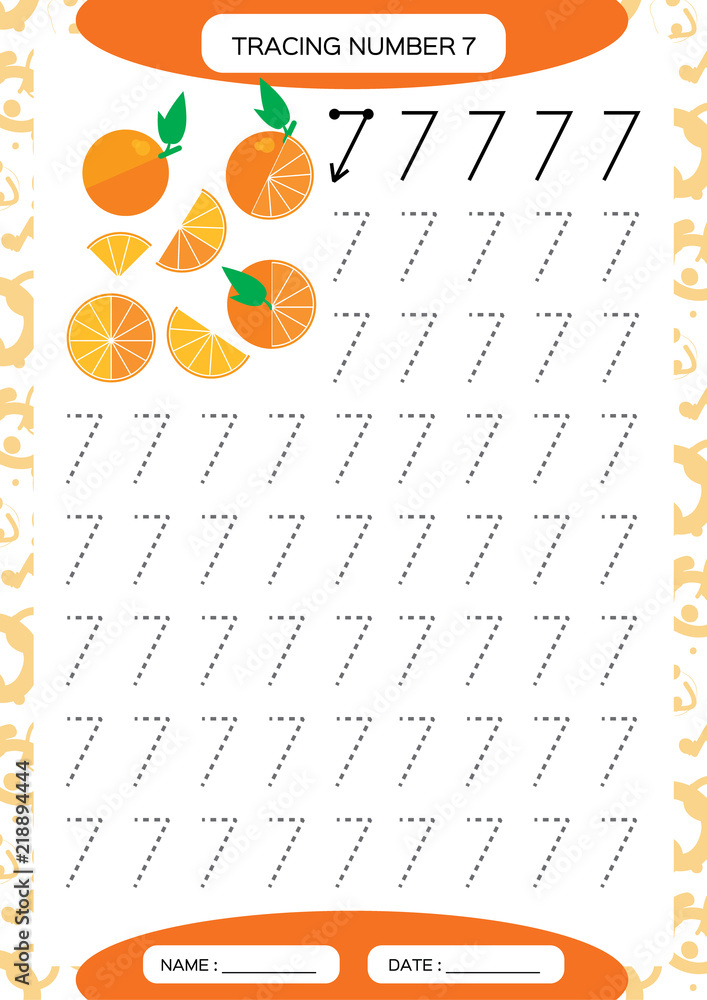Number 7. Seven . Tracing Worksheet. Juicy orange. Preschool worksheet ...