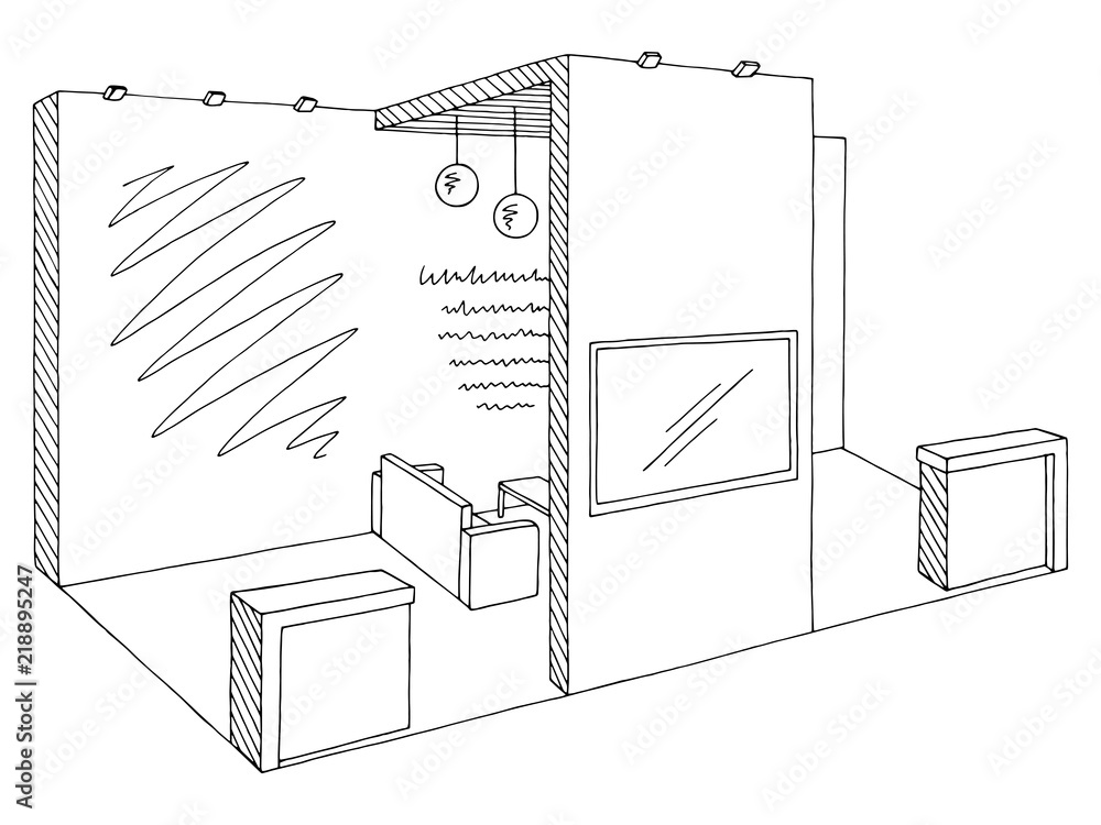 Exhibition stand graphic interior black white sketch illustration ...