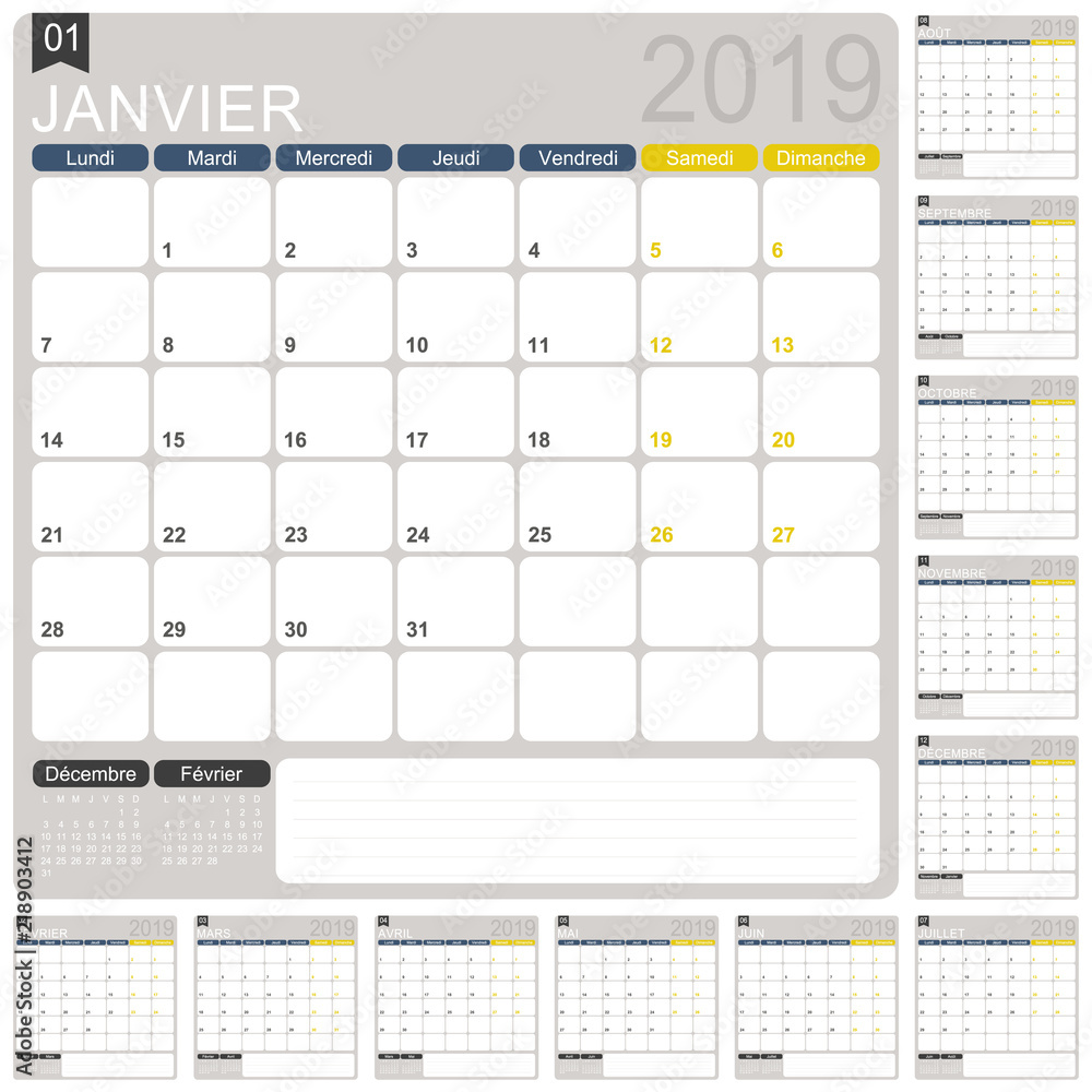 French calendar 2019 / French calendar template for year 2019, set of ...