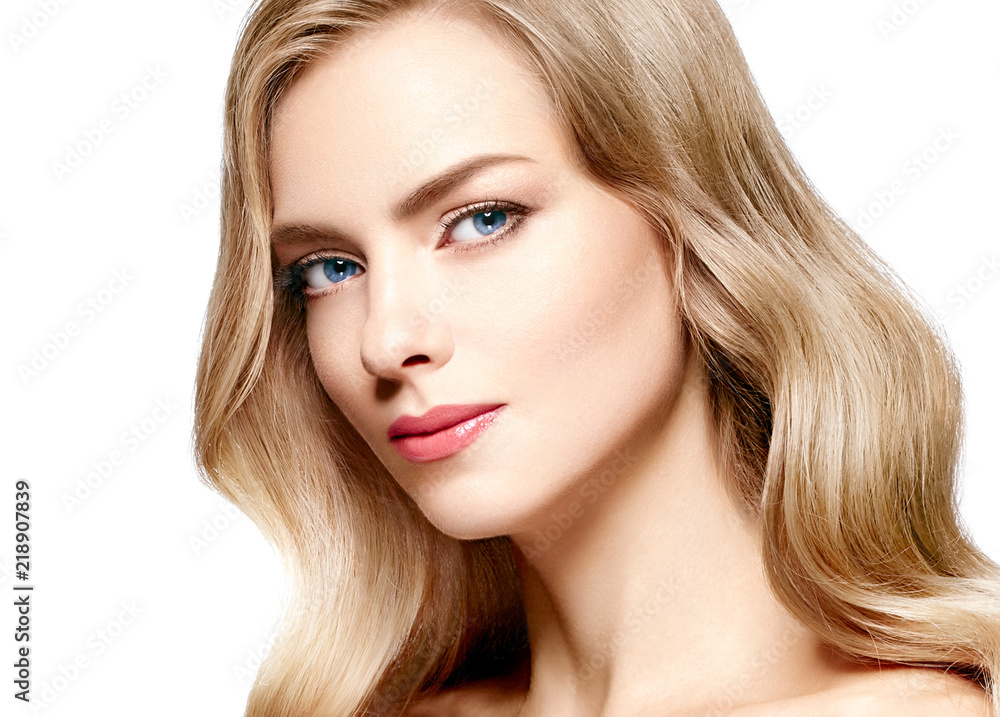 Beautiful woman with long curly blonde hair perfect hairstyle beauty ...