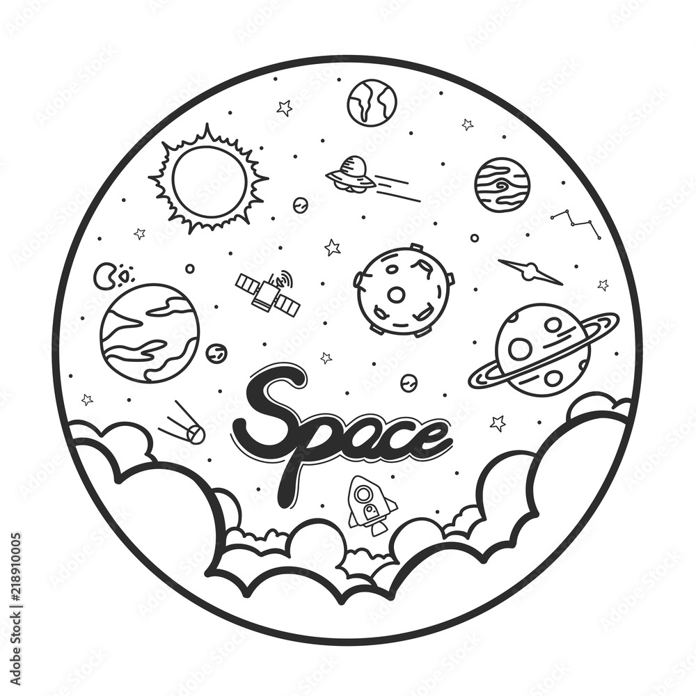 Hand draw element of a galaxy in the circle. Vector illustration. Stock ...