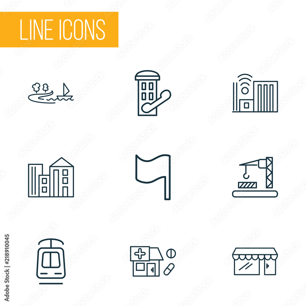 Urban icons line style set with tramway, building, flag and other ...