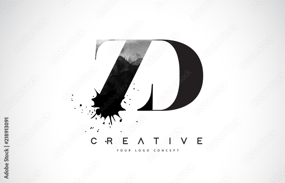 ZD Z D Letter Logo Design with Black Ink Watercolor Splash Spill Vector ...