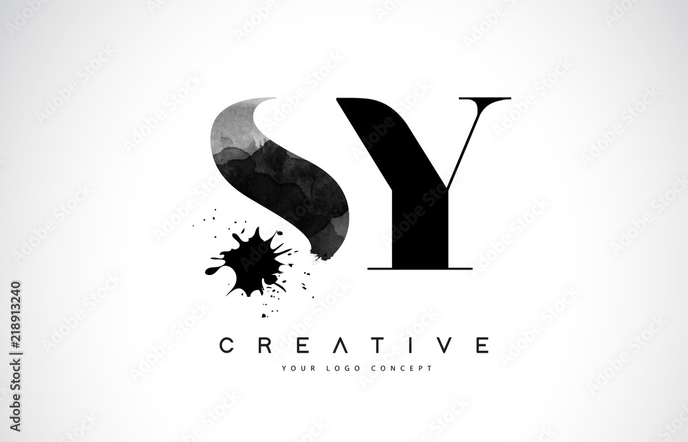 SY S Y Letter Logo Design with Black Ink Watercolor Splash Spill Vector ...