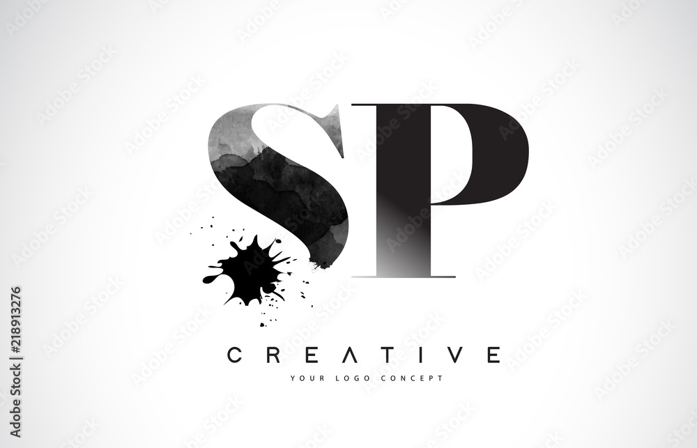 SP S P Letter Logo Design with Black Ink Watercolor Splash Spill Vector ...