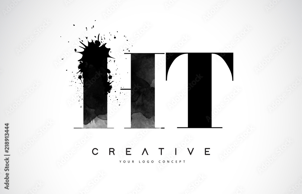 HT H T Letter Logo Design with Black Ink Watercolor Splash Spill Vector ...