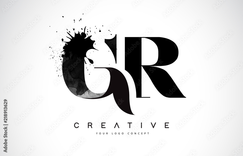 GR G R Letter Logo Design with Black Ink Watercolor Splash Spill Vector ...